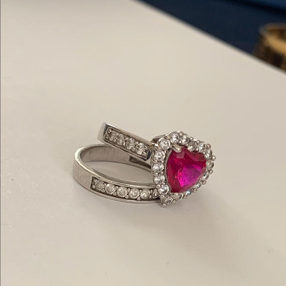 Jewelry | 925 Silver Red Heart Cz Ring Engagement Set | Poshmark